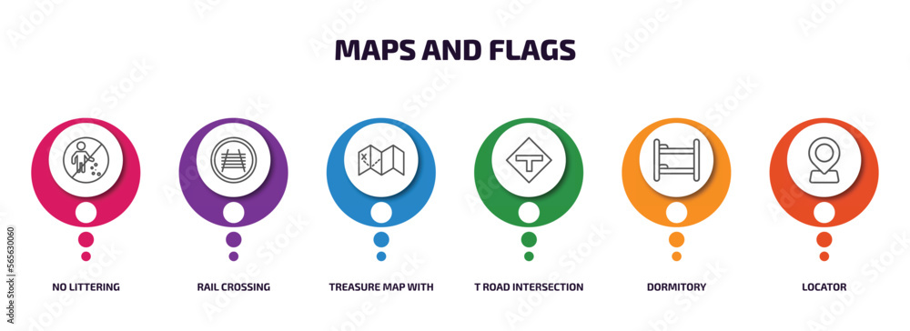 maps and flags infographic element with outline icons and 6 step or ...