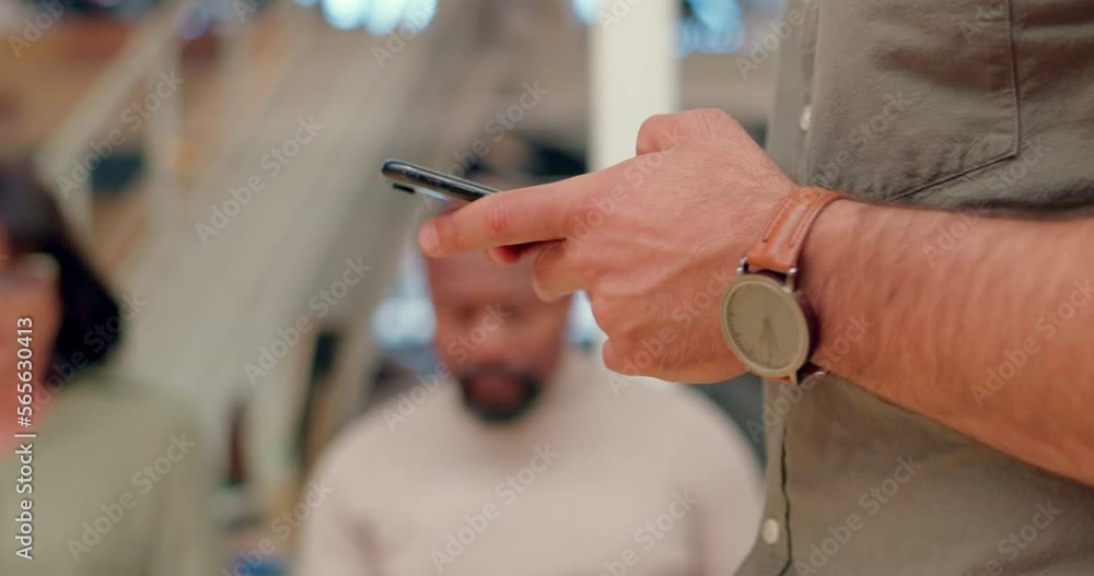 Hands, phone and a business man walking through his office while typing ...