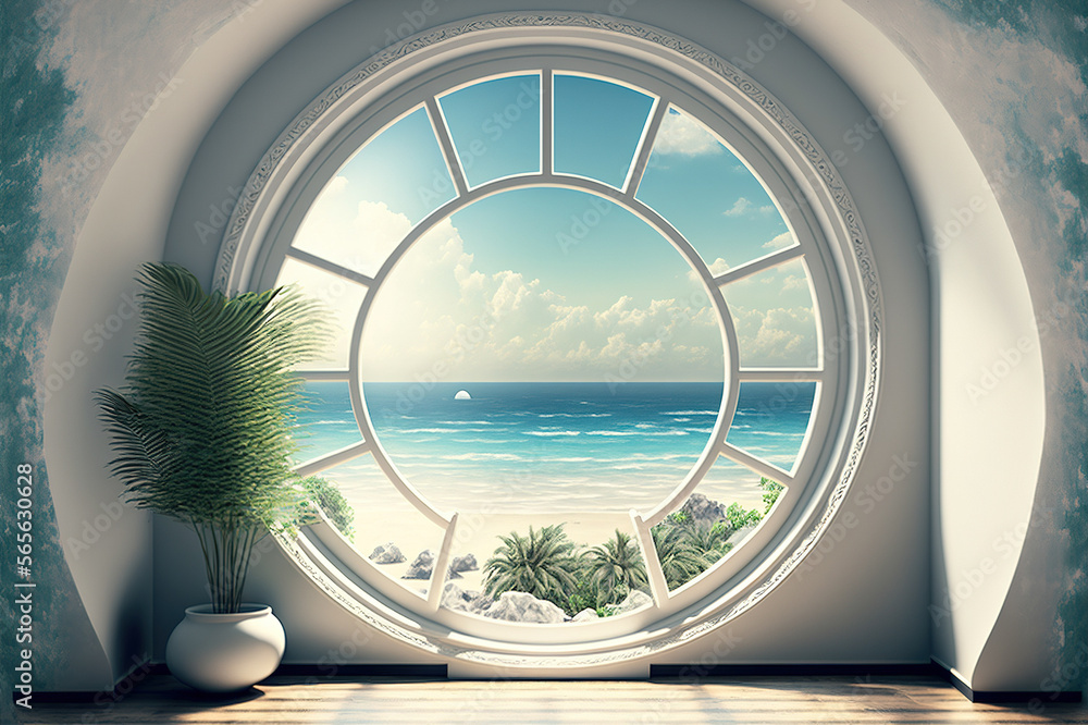 A room with round glass window overlooking beautiful landscape ...