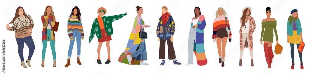 Collection of stylish young women dressed in trendy clothes. Set of ...