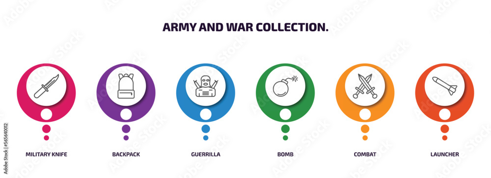 army and war collection. infographic element with outline icons and 6 ...