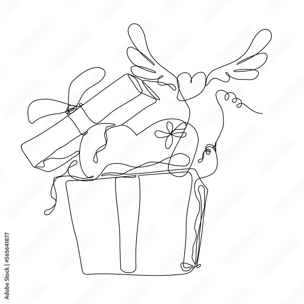 Continuous Line Drawing Open Gift Box With Hearts for Valentines Day ...
