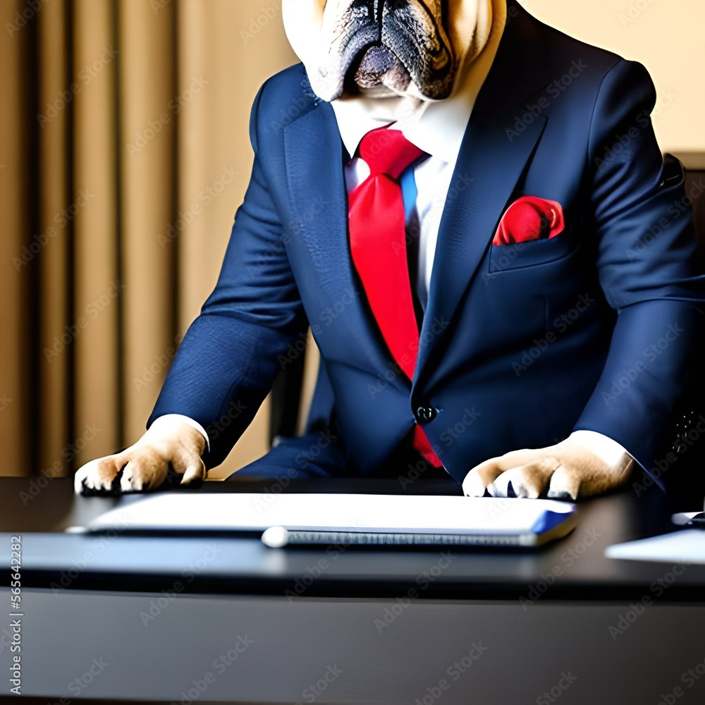 my boss is a dog, bulldog in a business suit sitting behind a desk in ...