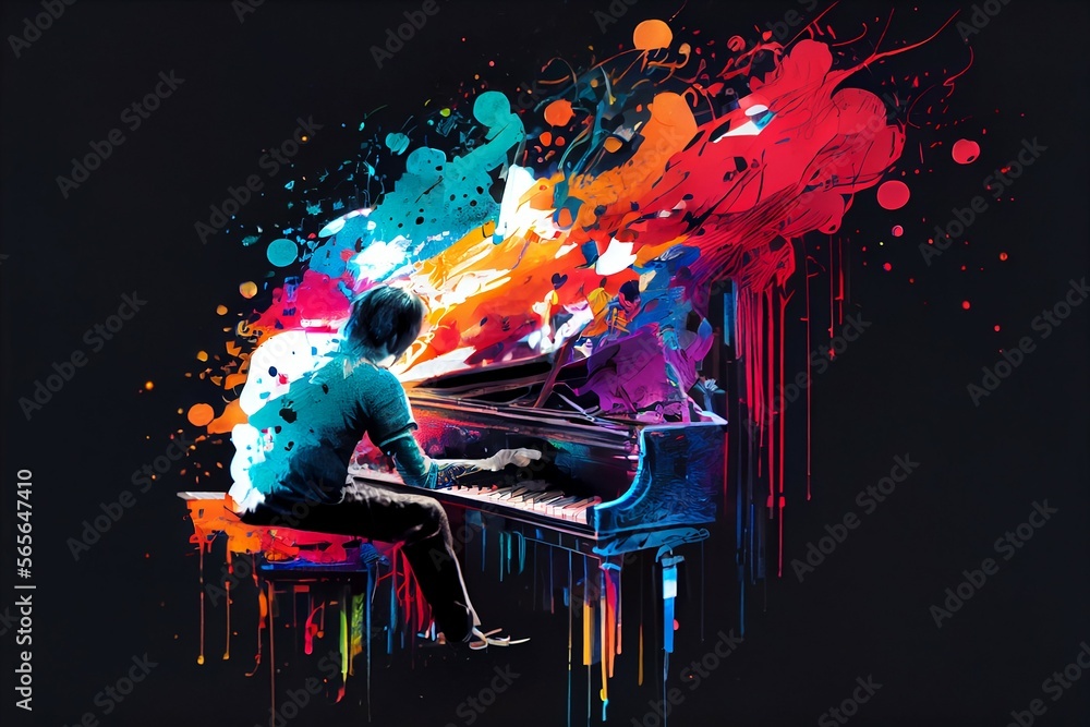 Artist in flow state while playing piano, lost in creativity ...