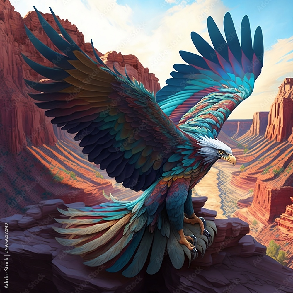 A giant phoenix bird of many colors like those of a macaw, swooping ...