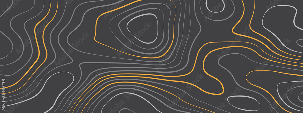 Black, blue, orange, white topographic map contour background ...