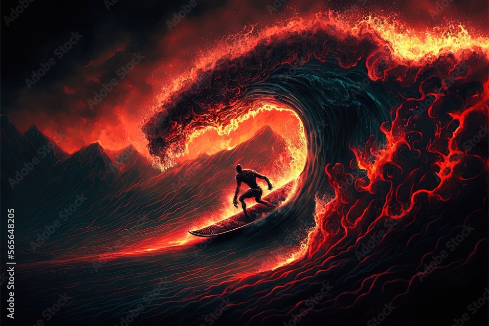 Hell infernal surfer surfing lava waves with surf board in flames ...