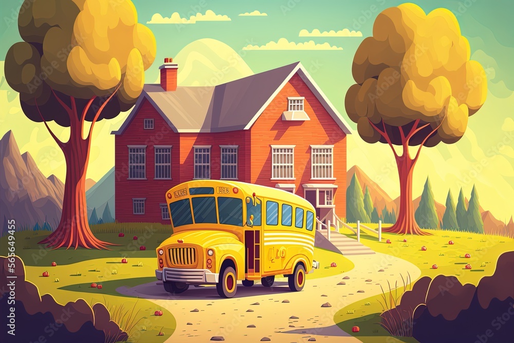 Cartoon drawing of a school campus with a building, bus, and landscape ...