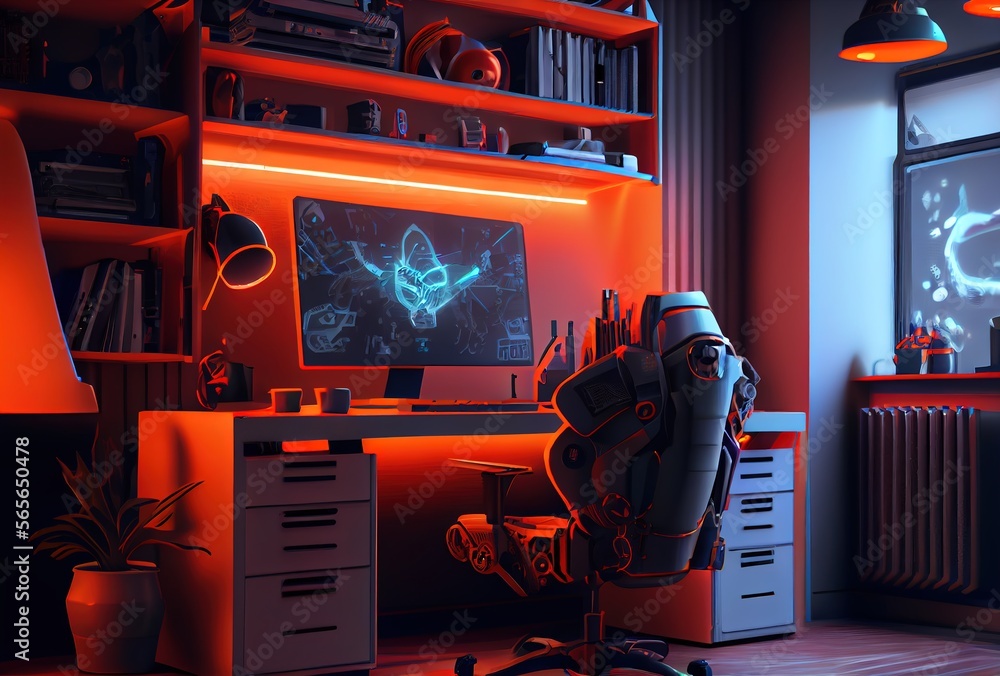 Pc gamer room with gaming chair and wide led on study table, Generative Ai Stock Illustration ...