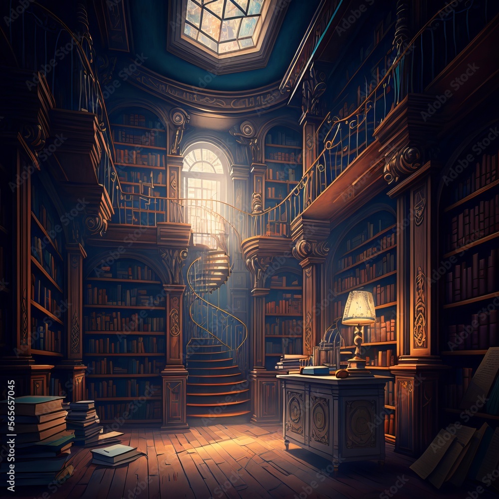 Old library or bookstore with many books on shelves as a digital ...