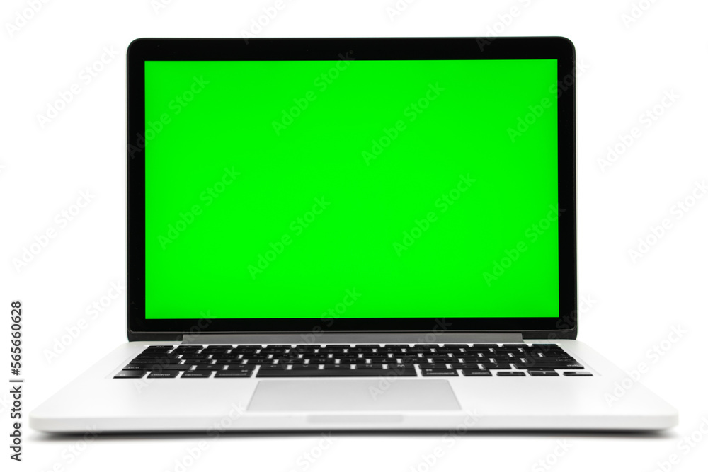 Laptop computer with green screen isolated on white background Stock ...