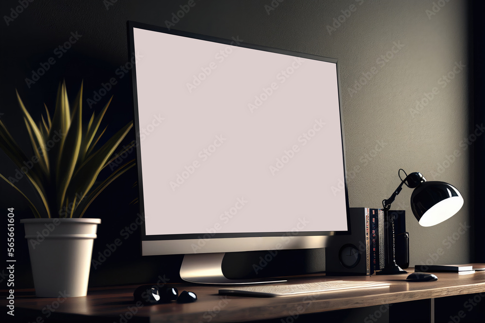 Minimalist Design Office with Modern Wooden Desk, Olive Green Wall and ...