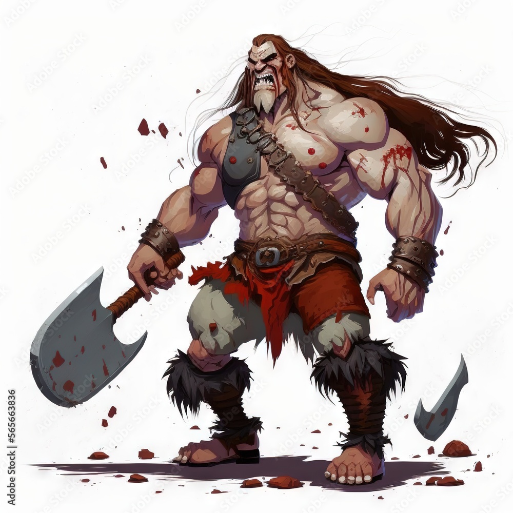 Fantasy RPG bloody barbarian drawing, white background, created with ...