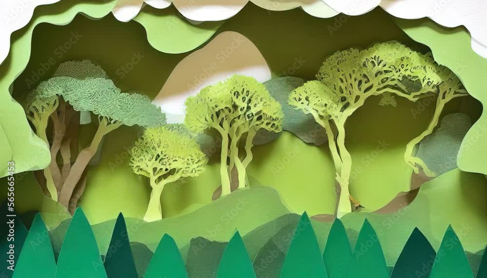 papercut 2D beautiful green forest japanese landscape trees and clouds ...