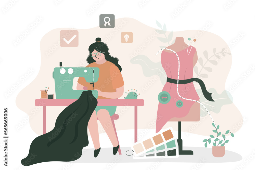 Woman sews fashionable clothes. Female seamstress uses sewing machine ...