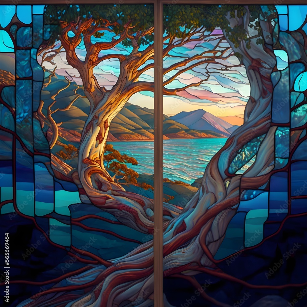 Stained glass ancient tree roots weaving into a window of epic views of ...