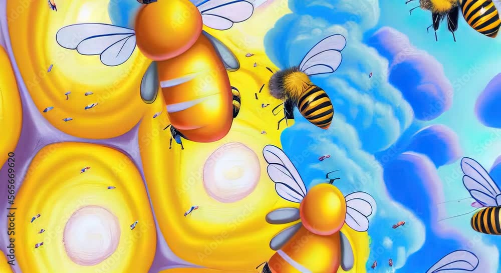 honey bees zooming with honey and blue clouds in the sky 2D illustrated ...