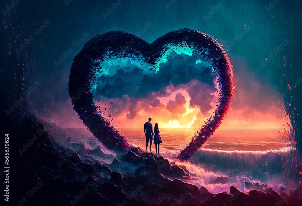 Romantic illustration of a loving couple on the seashore. Stock ...