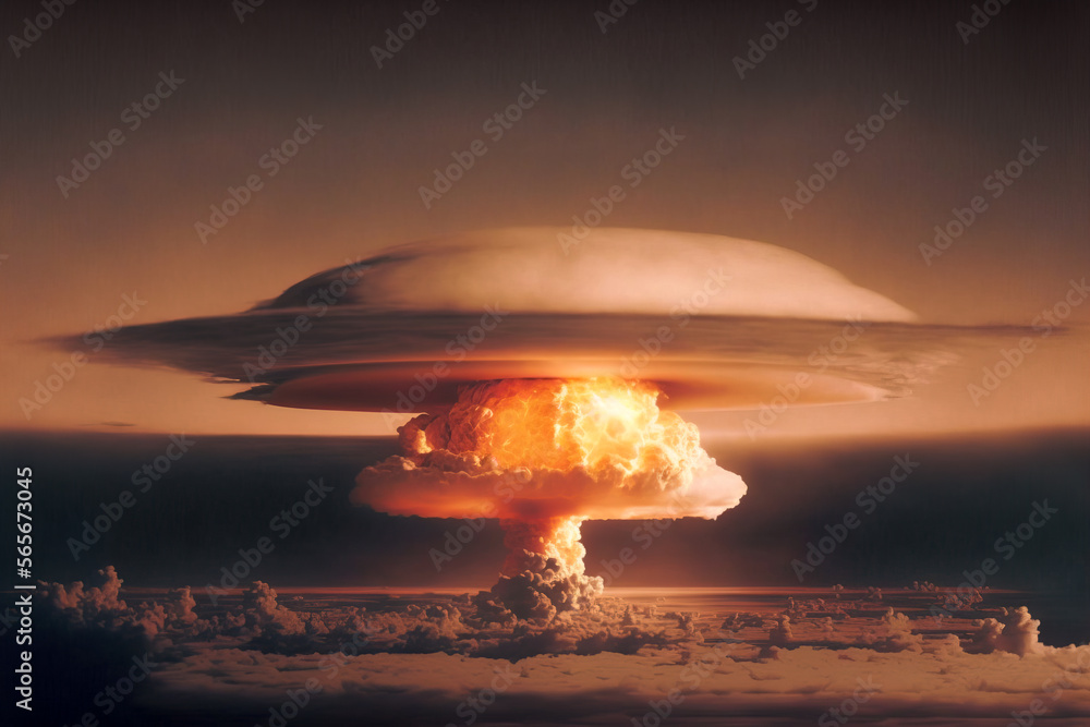 Atomic explosion mushroom cloud rising above the clouds, Generative AI ...