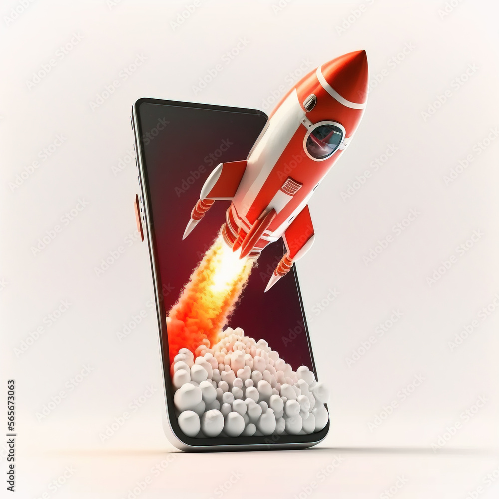 Mobile business startup concept, with space rocket coming out from ...