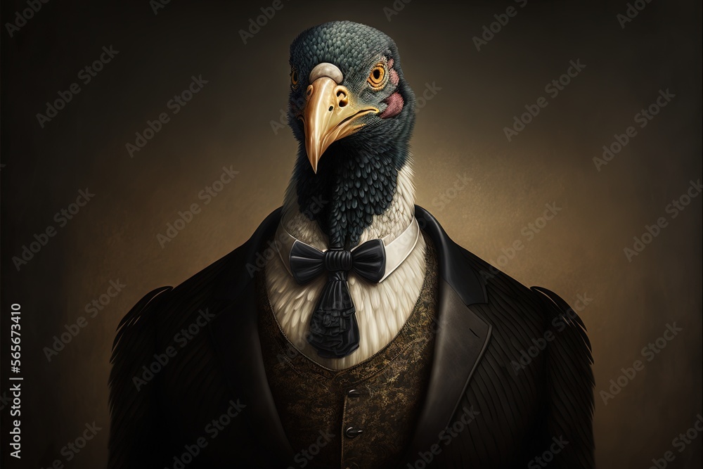 a bird wearing a suit and tie with a black background and a brown ...