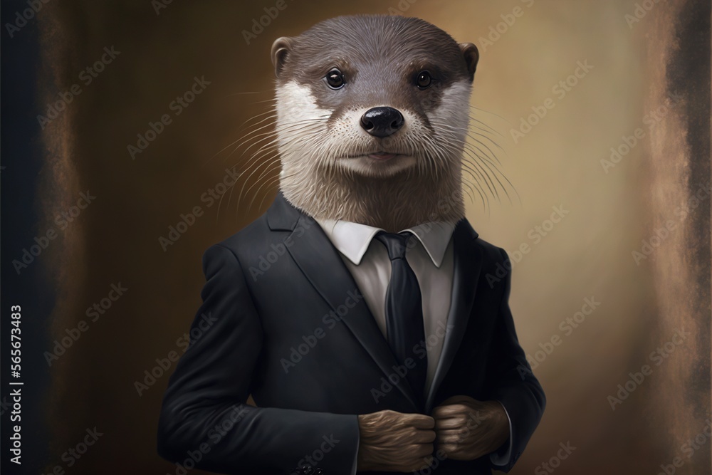 a painting of a man in a suit and tie with an otter on his chest and a ...