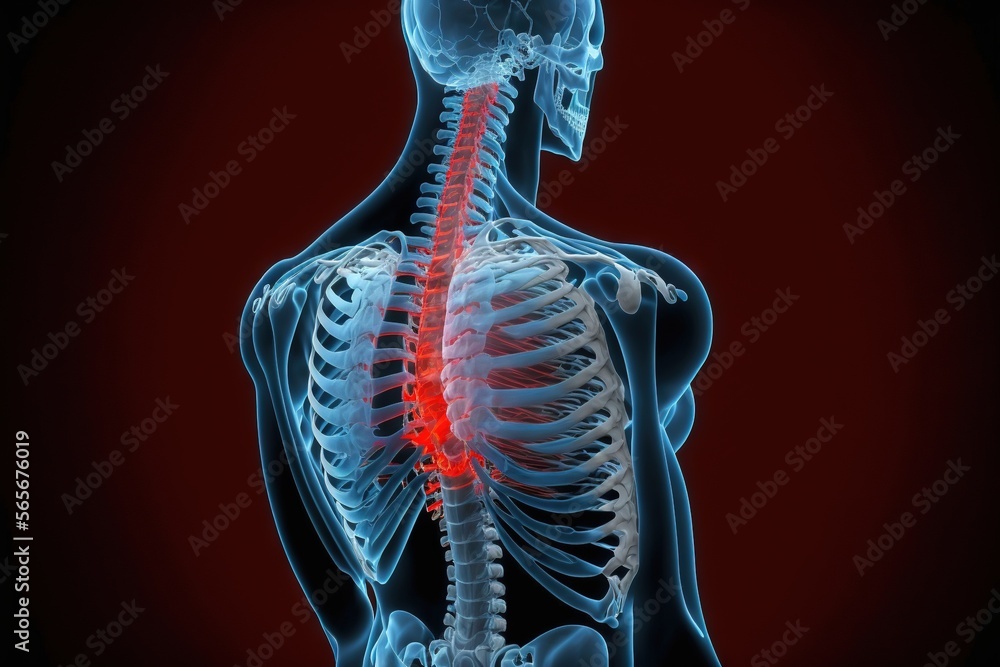 a skeleton with a highlighted back and neck highlighted in red ...