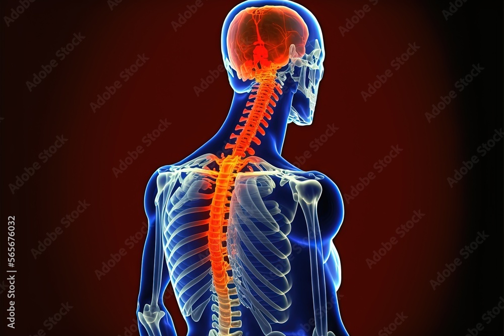 a skeleton with a highlighted back and neck highlighted in red and blue ...