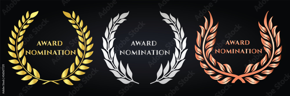 Golden, silver and bronze award signs with laurel wreath, award ...