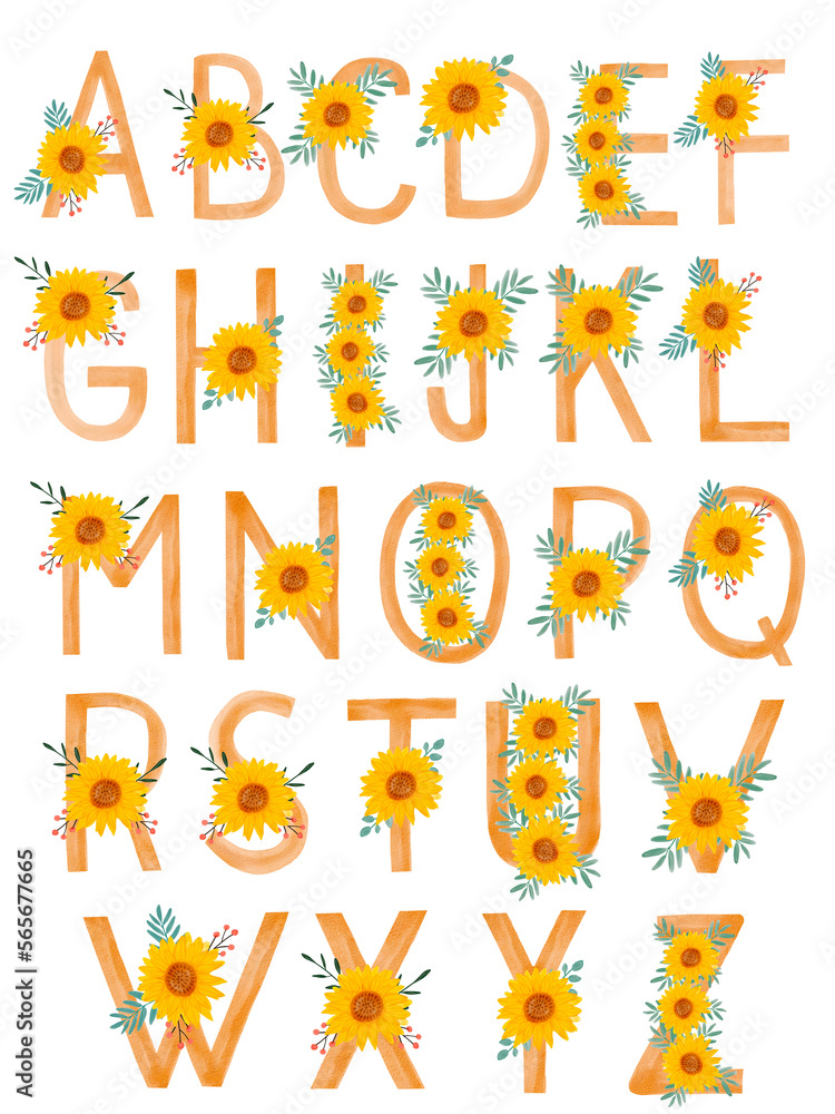Sunflower watercolor alphabet letter. Sunflower ABC wooden garden ...