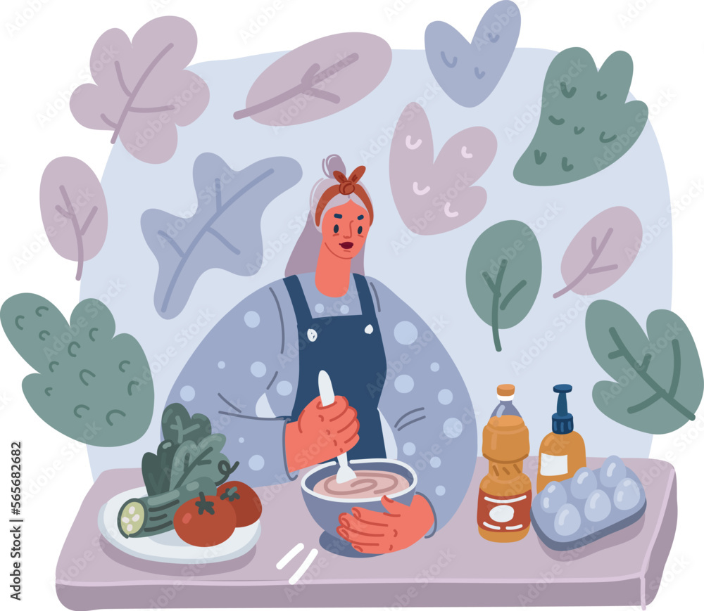 Cartoon vector illustration of Young woman lady coocking. Wok home ...