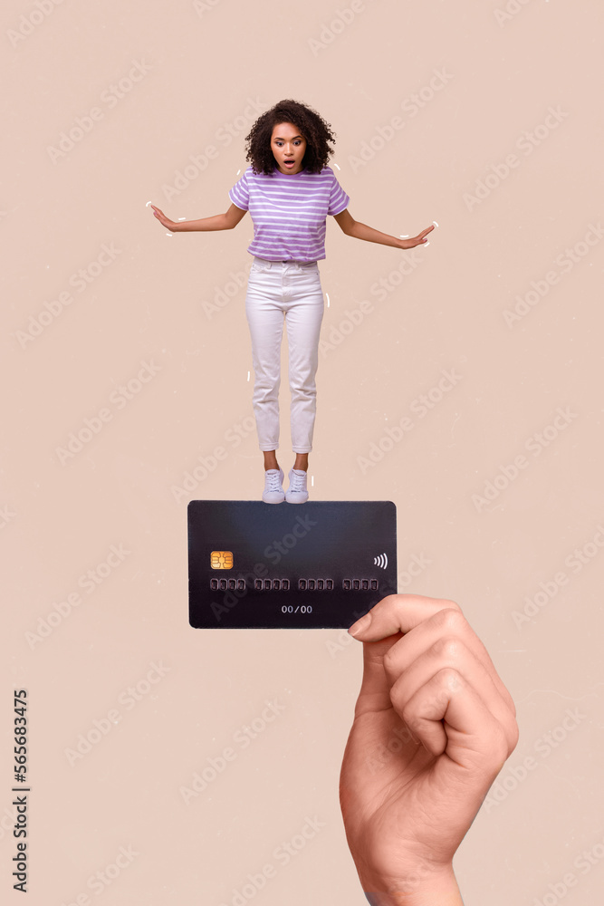 Vertical collage image of arm fingers hold impressed mini girl stand ...