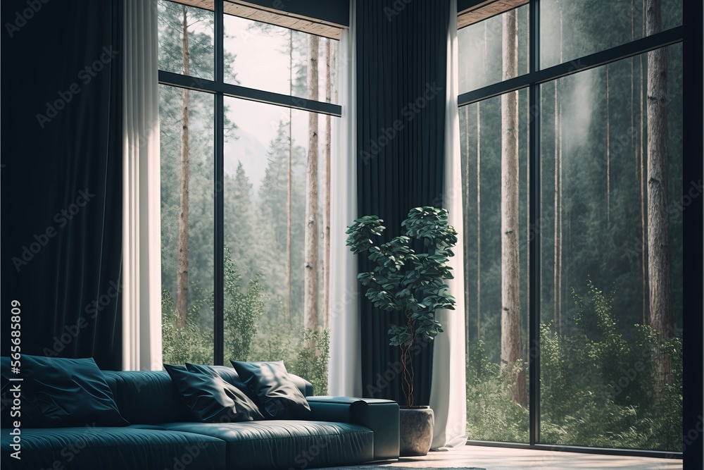 Stunning interior with a large panoramic window overlooking the forest ...