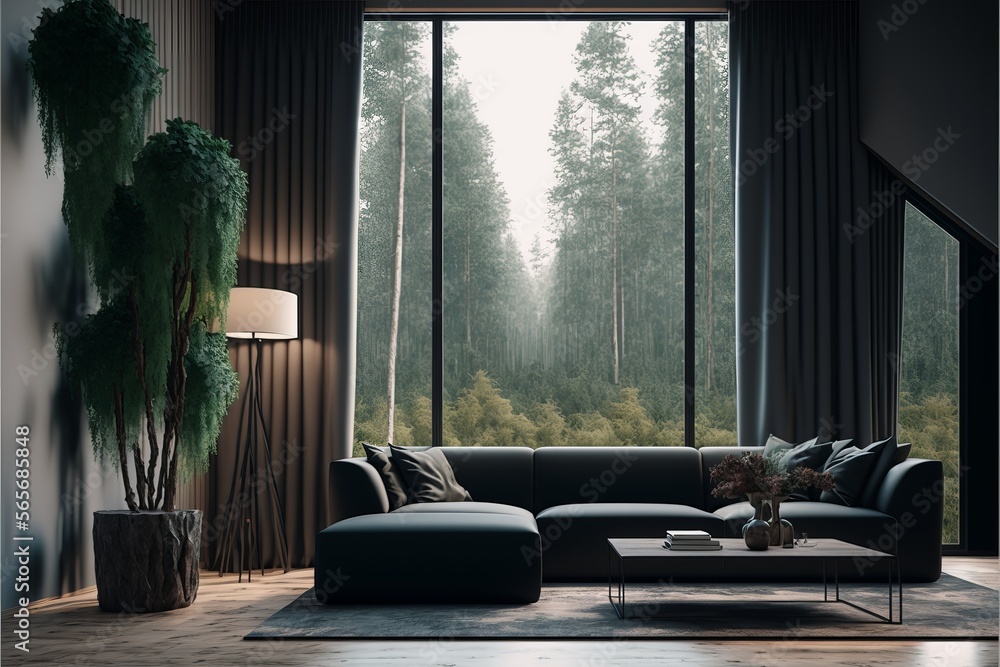 Stunning interior with large window overlooking the forest, leather ...