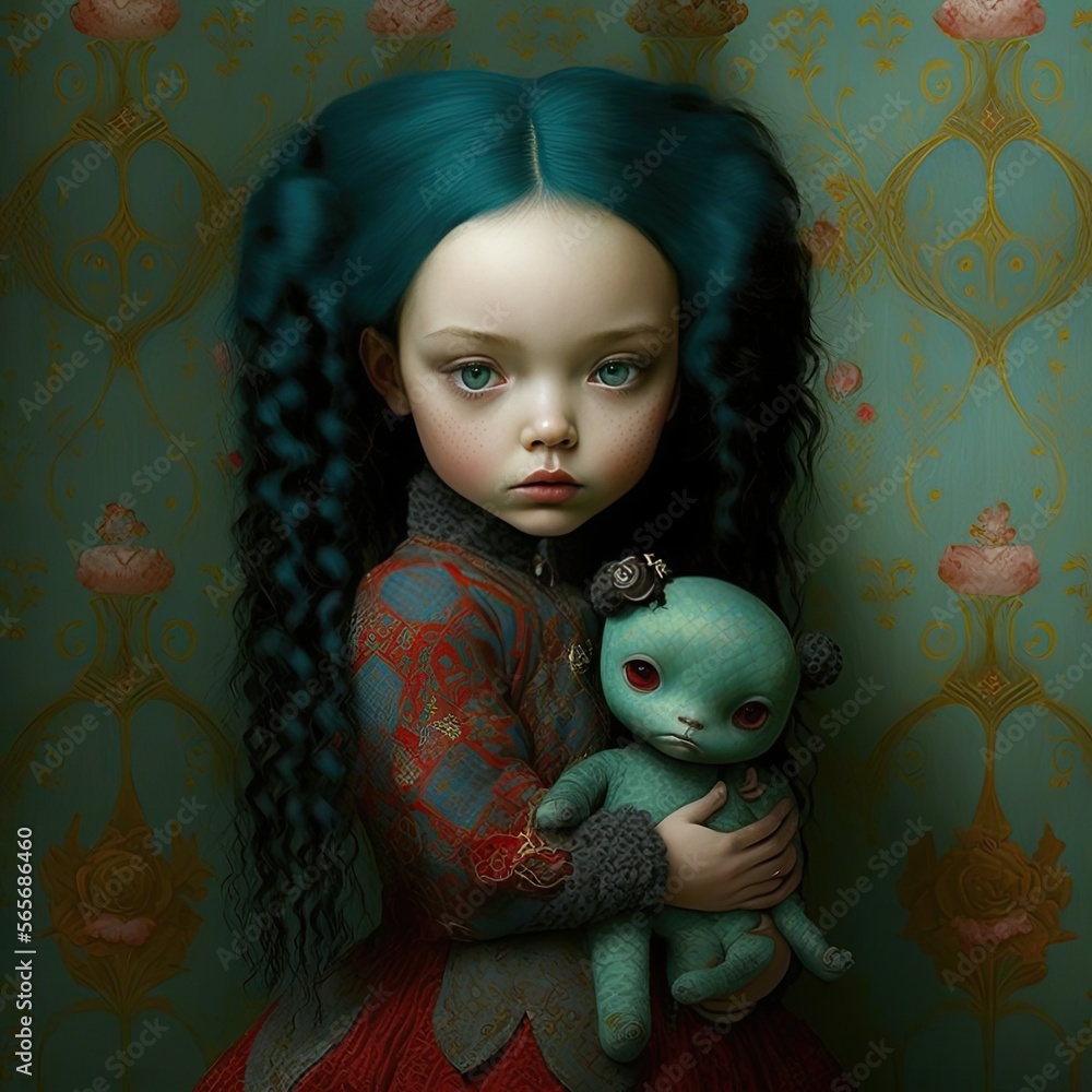 Creepy doll holding stuffed animal, moody inspired, AI assisted ...