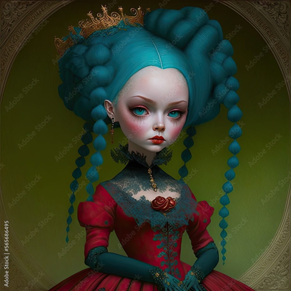 Doll dressed as queen with blue green hair, very dramatic, AI assisted ...
