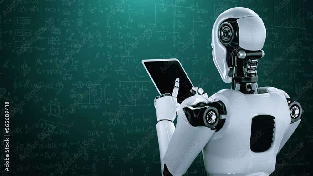 Robot hominoid using tablet computer for engineering science studying using AI thinking brain ...