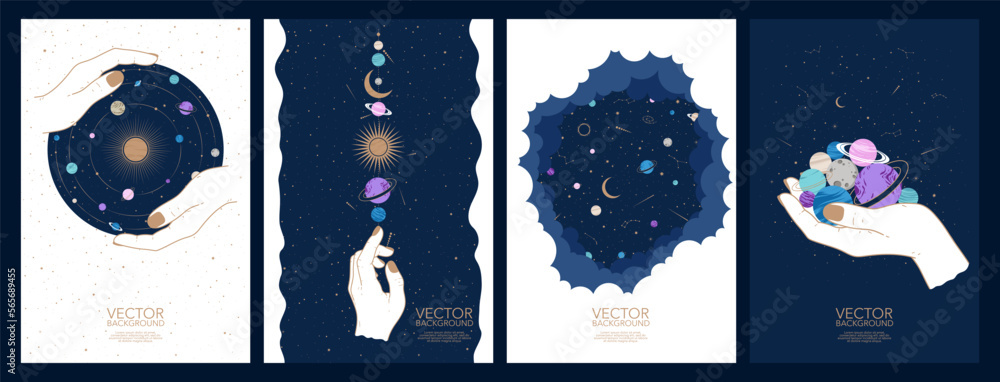 Set of space esoteric mystery magic cards and posters. Hand drawn ...