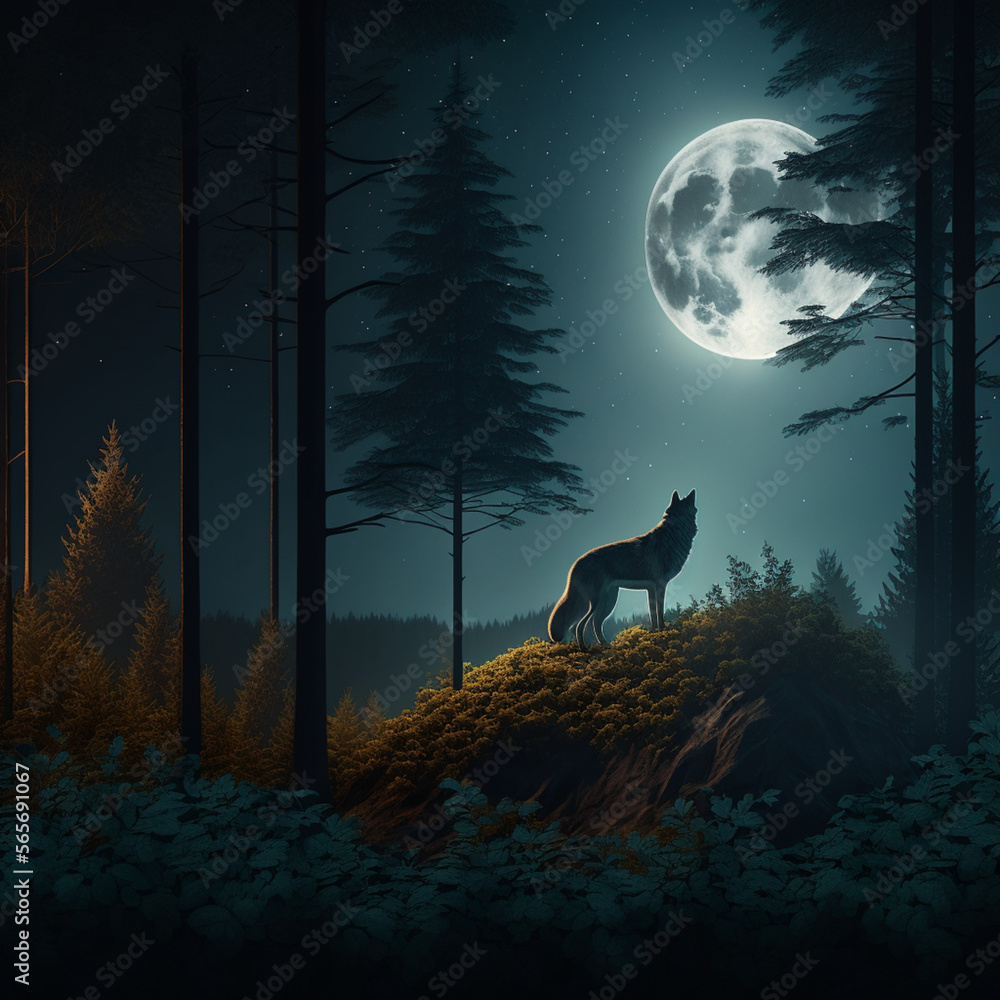Nighttime scene of a forest, with a wolf howling at the moon, 32k, UHD ...