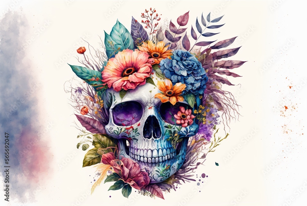 Gemalter Totenkopf mit Blumen und sehr vielen Feinheiten, wie auch Details. Illustration vom ...