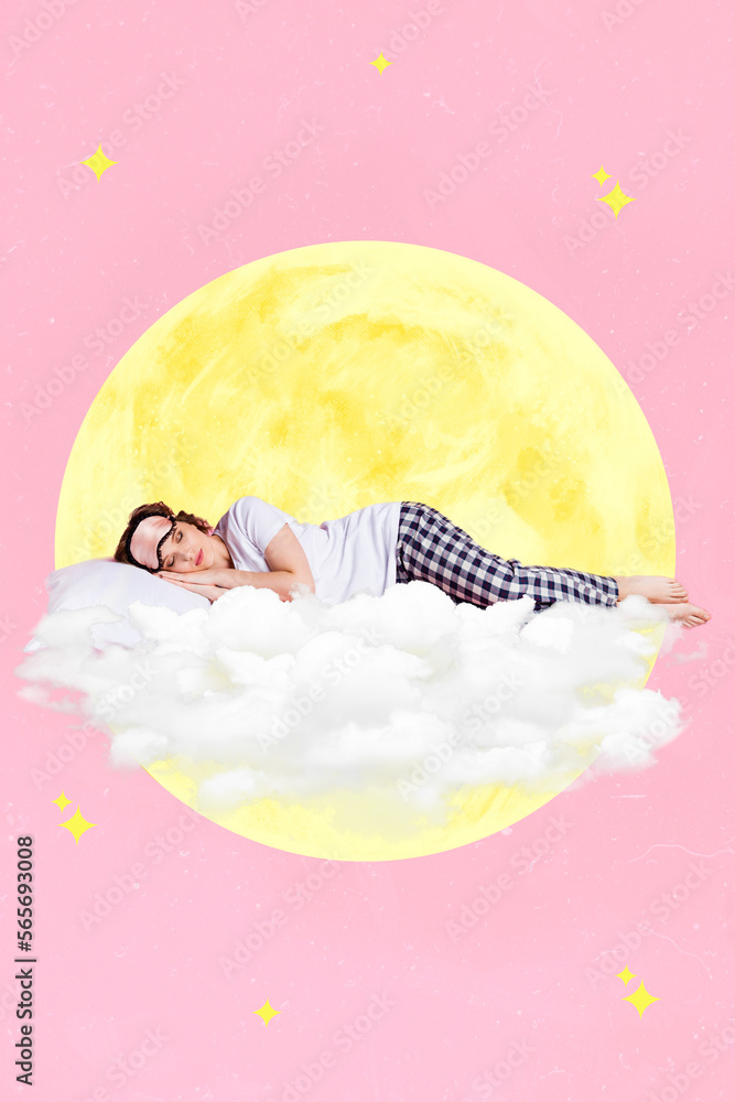 Vertical collage picture of calm sleeping girl laying clouds pillow ...