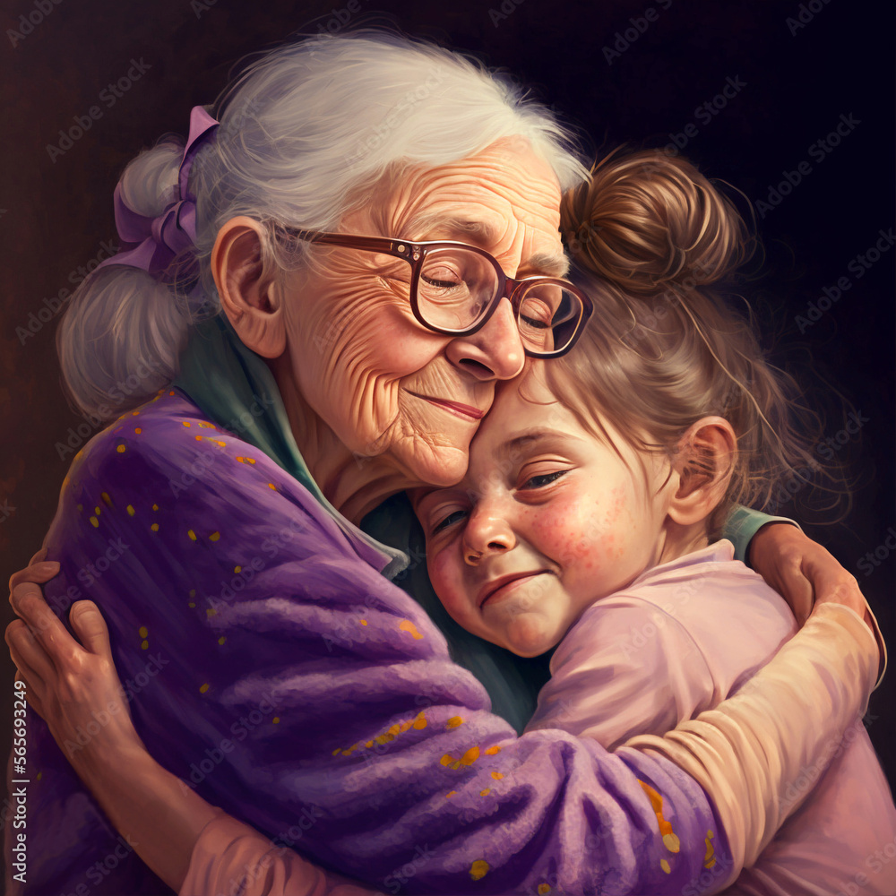 Illustration of grandmother and granddaughter hugging. Family love. Hug ...