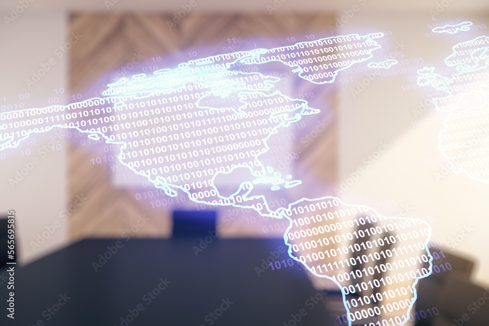 Virtual digital map of North America on a modern conference room ...