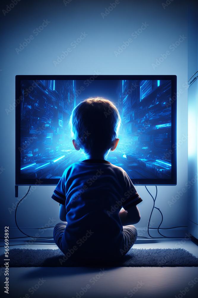 Kid playing video games in his room. Back view of a child sitting in ...