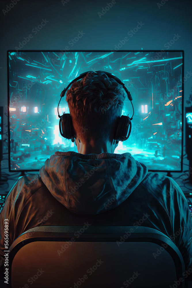 Gamer playing video games in a futuristic interior. Back view of a man ...