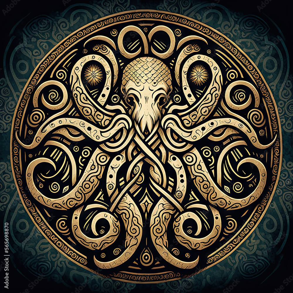 an octopus with intricate patterns, sumatraism, lovecraftian, cosmic ...