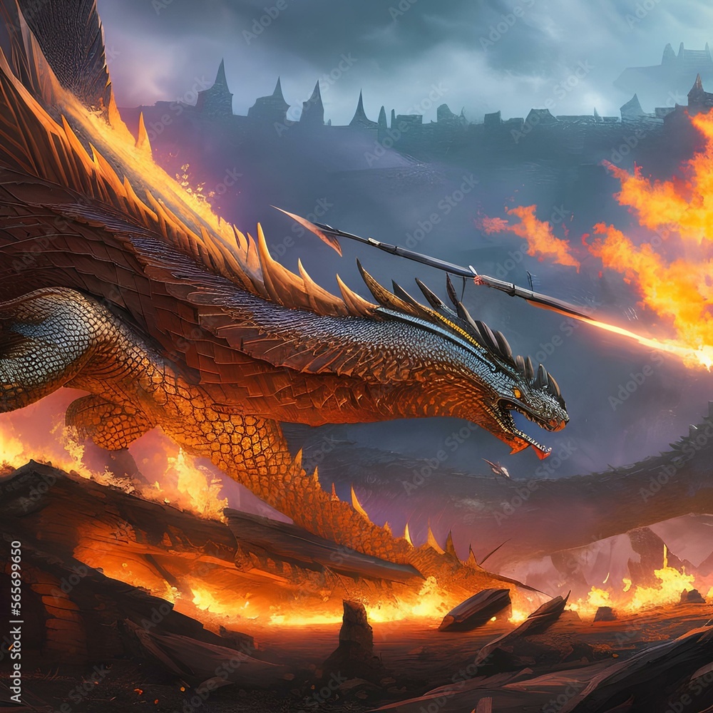 Terrible fantasy scene of a dragon burning down a village2, Generative ...
