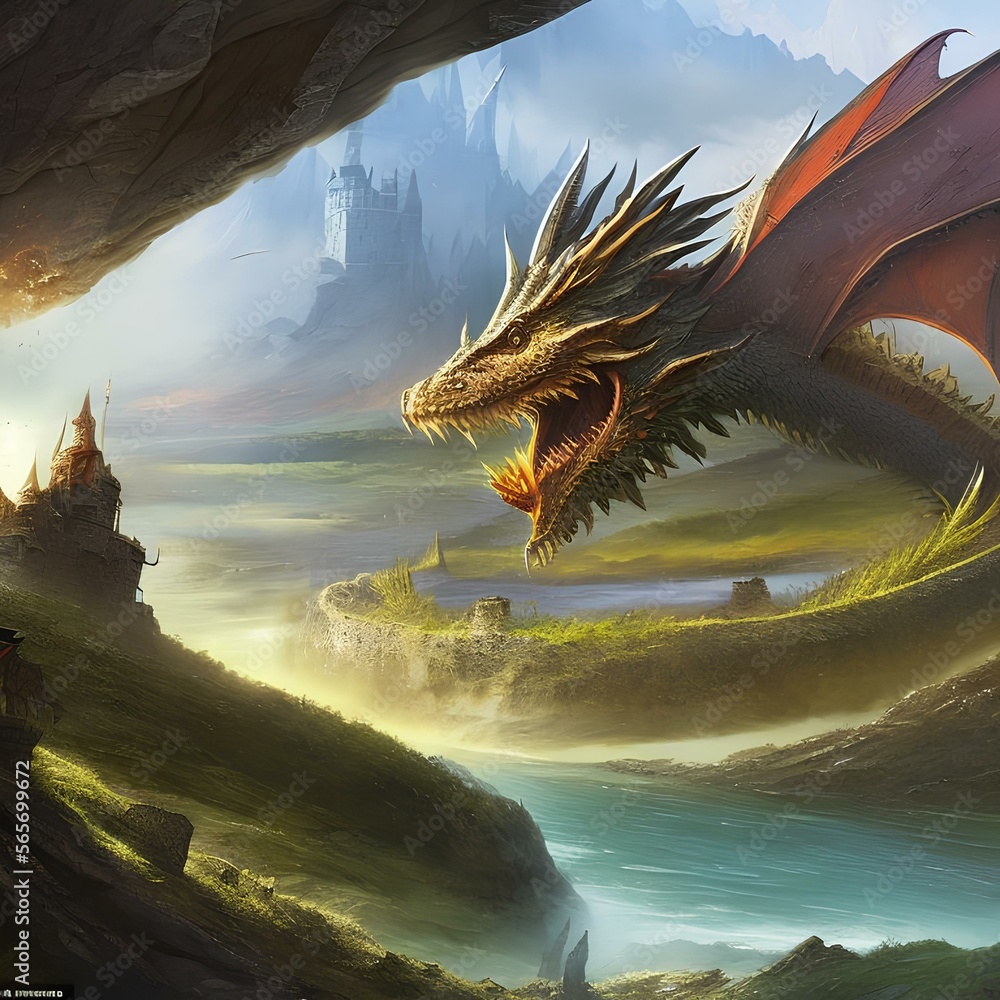 Terrible fantasy scene of a giant dragon attacking a castle2 ...