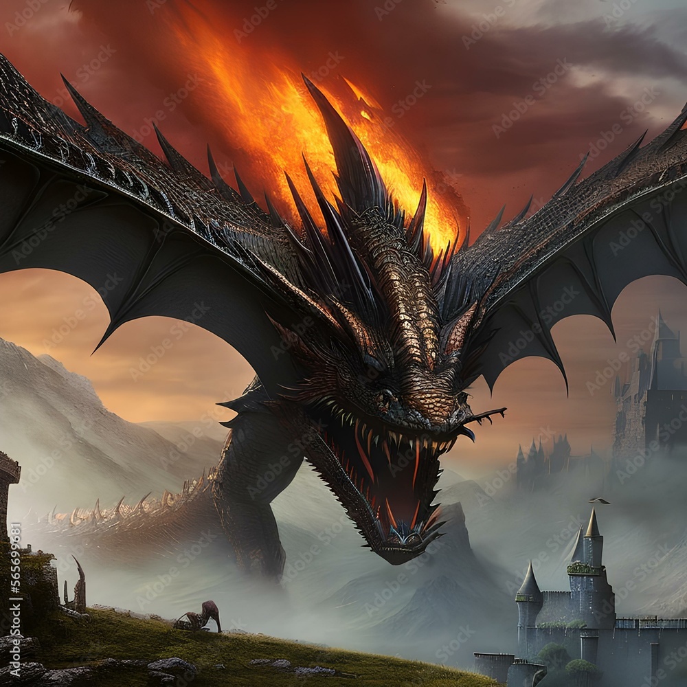 Terrible fantasy scene of a giant dragon attacking a castle3 ...