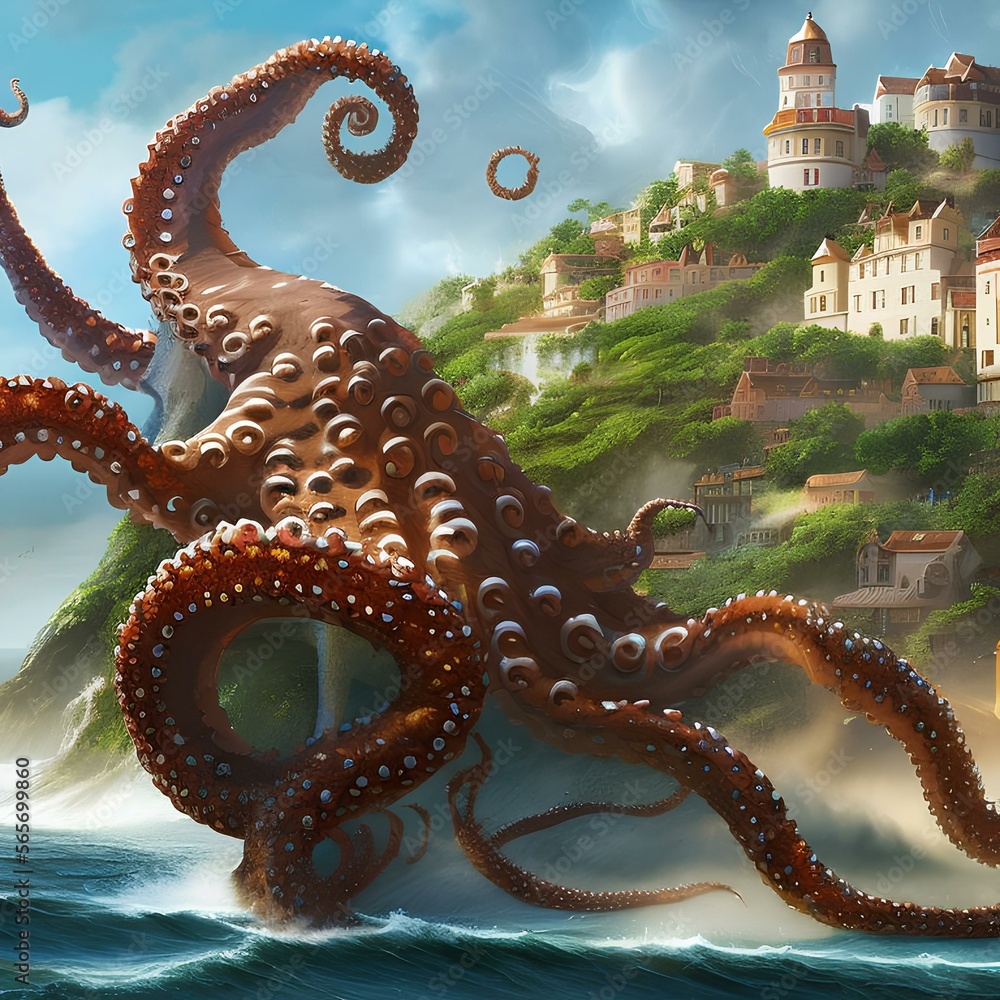 Terrible fantasy scene of a giant octopus attacking a coastal village1 ...